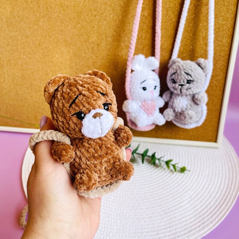 Crochet Animal Car Mirror Hanger Pdf Pattern Cute Keychain Bunny Cat ...