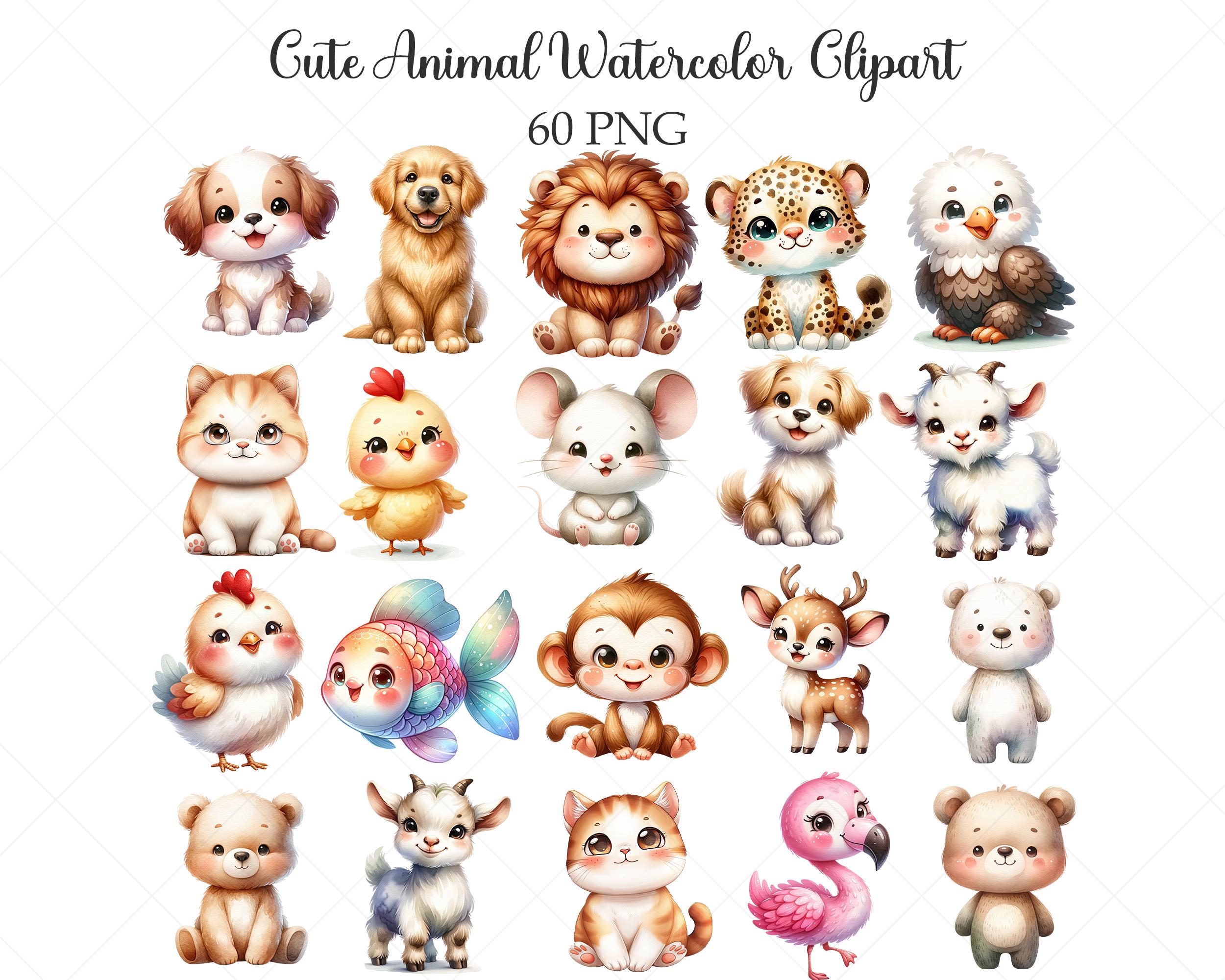 Cute Animal Clipart, Watercolor Animal PNG, Cat, Dog, Sublimation ...