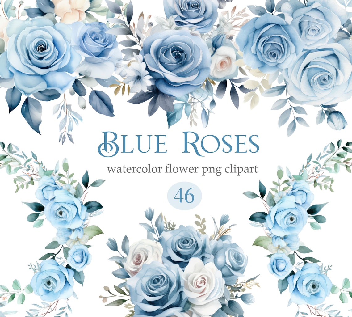 Blue Rose PNG Clipart, Watercolor Blue Rose Clipart Bundle, Roses ...