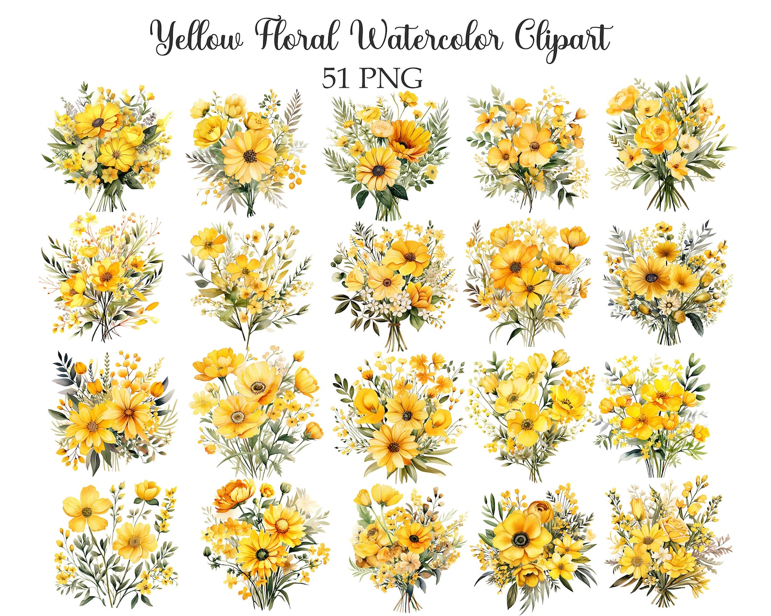 Yellow Floral Clipart, Watercolor Yellow Flower Clipart Bundle, Bouquet ...