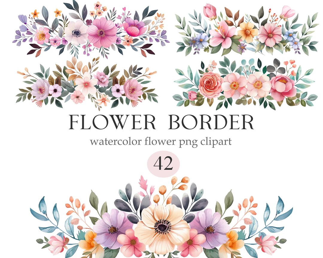 Flower Border PNG, Watercolor Spring Floral Border Clipart, Digital ...