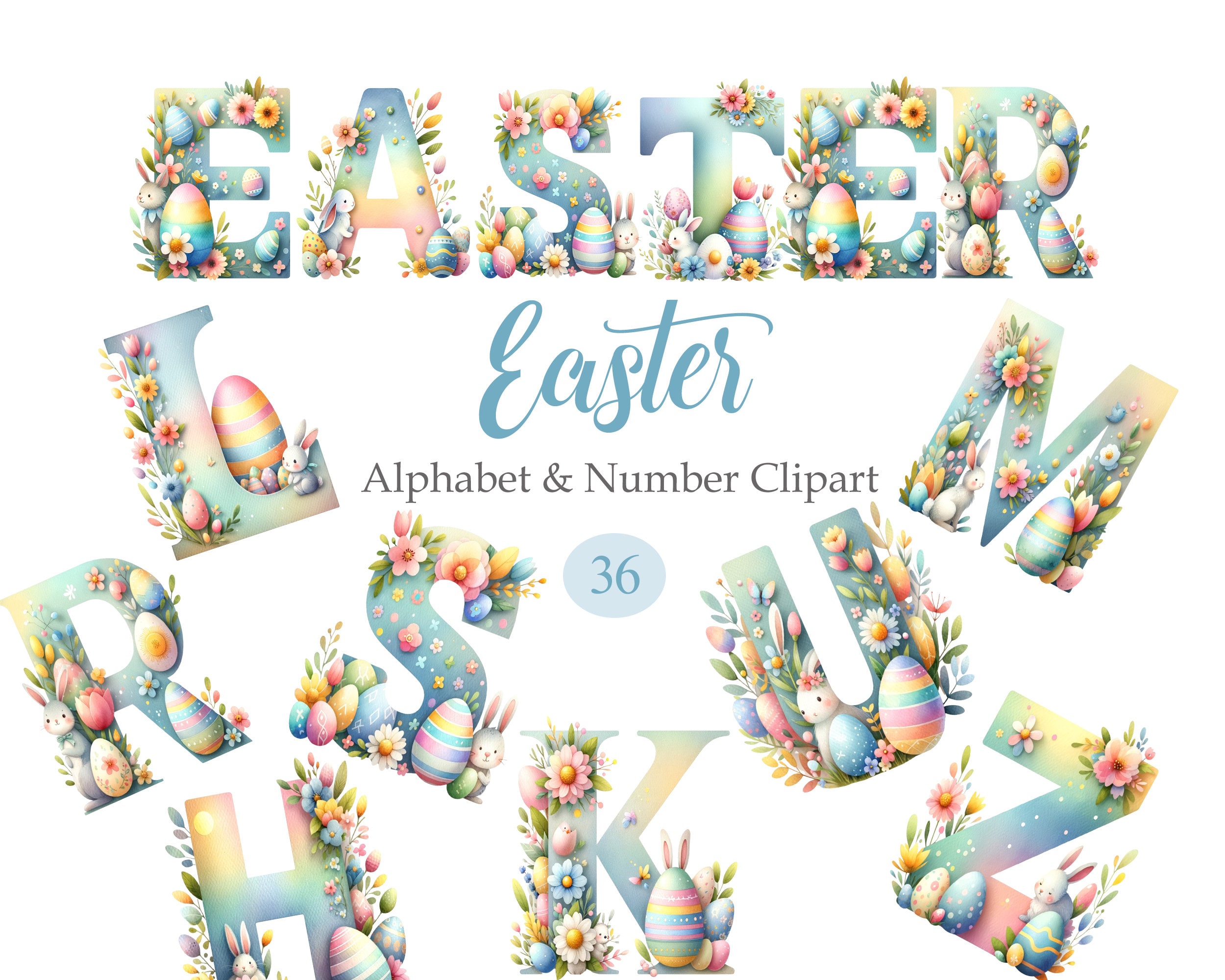 Easter Alphabet Clipart, Watercolor Easter PNG, Cute Easter Letters ...