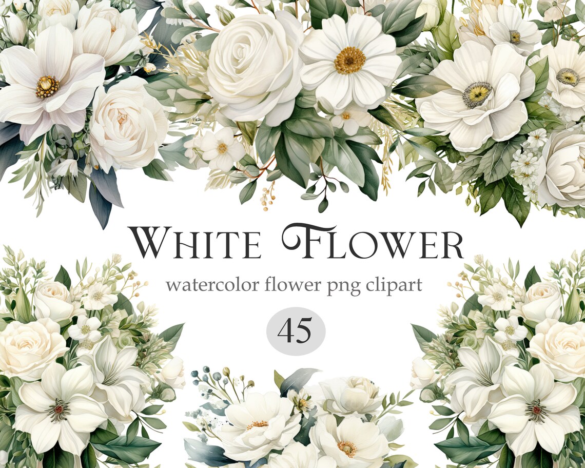White Flower PNG, Watercolor White Floral Clipart, Flower Bouquet ...