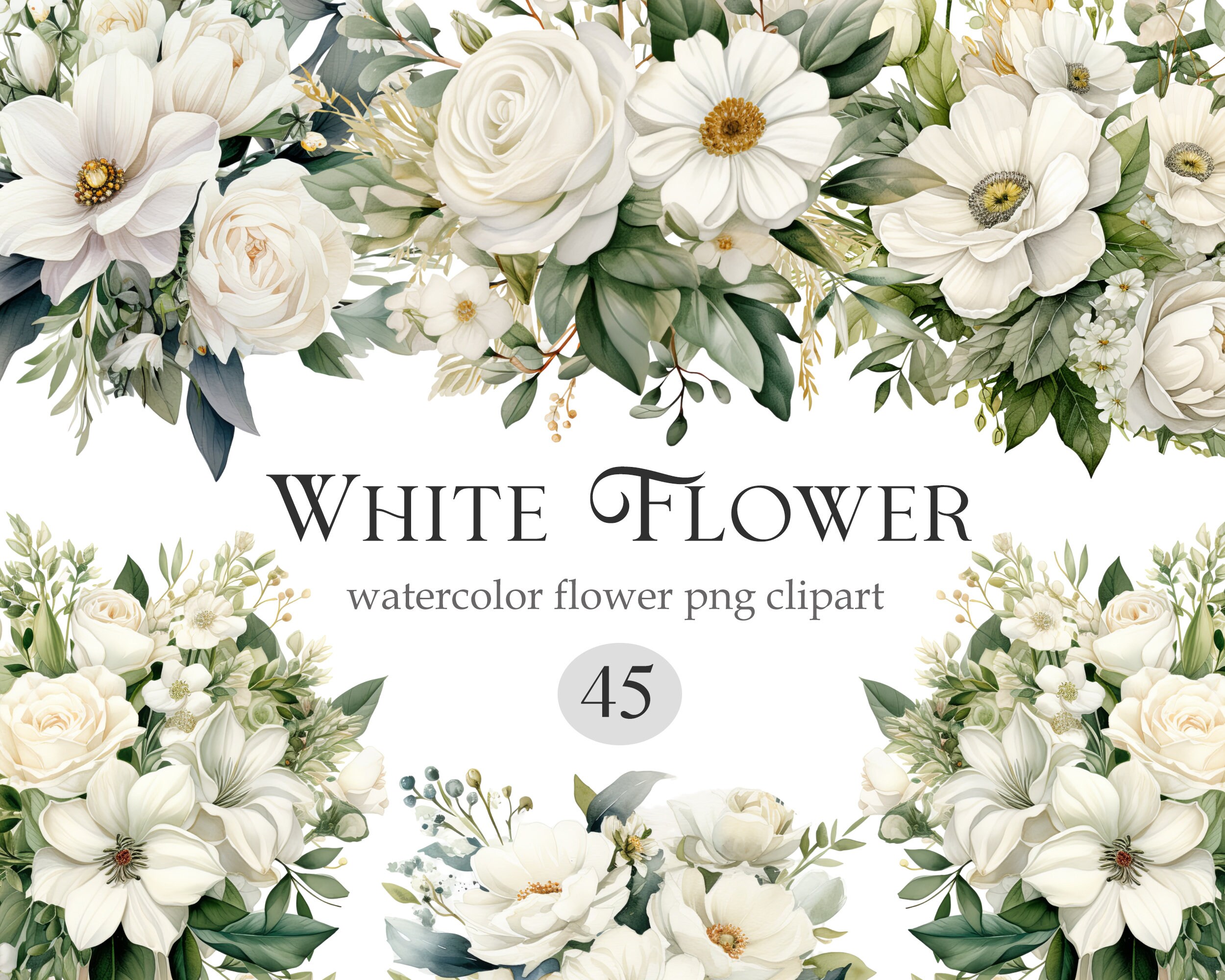 White Flower PNG, Watercolor White Floral Clipart, Flower Bouquet ...
