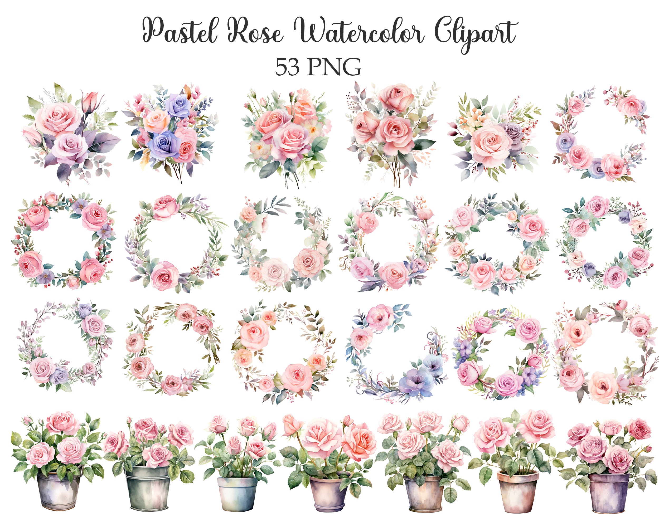 Pastel Rose PNG Clipart, Watercolor Pastel Flower Clipart Bundle, Roses ...