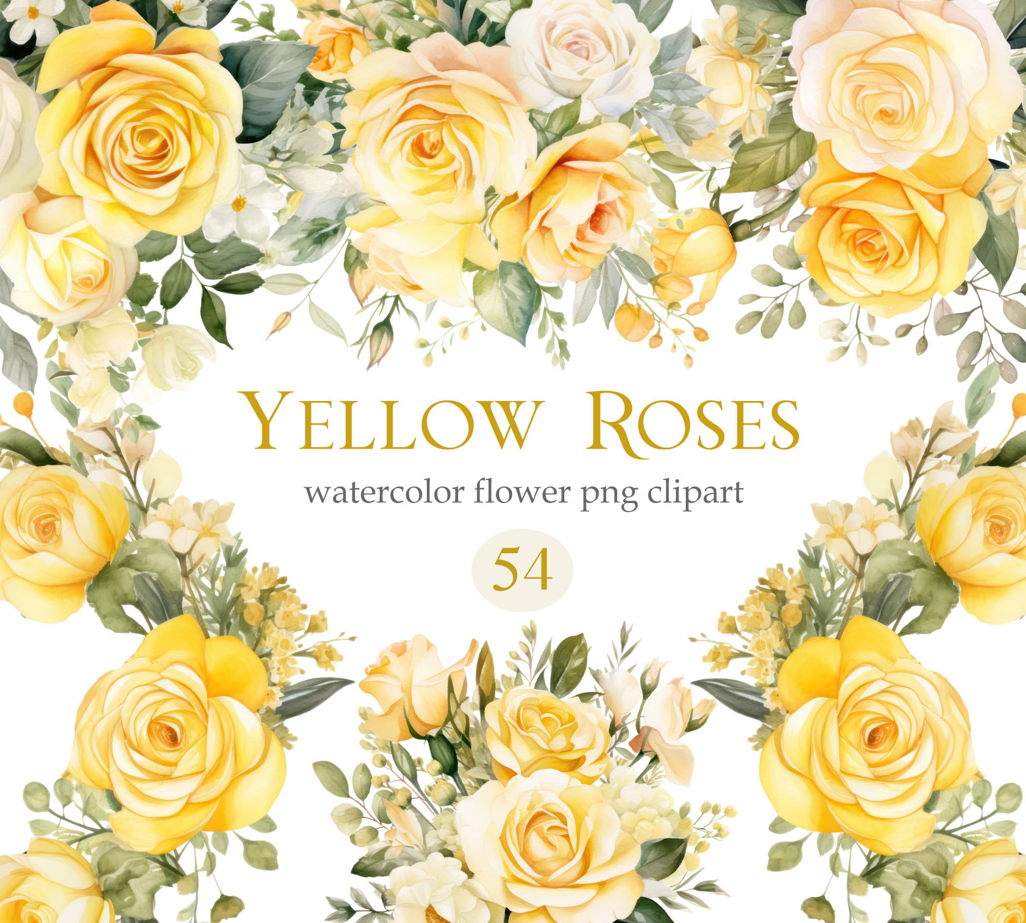Yellow Rose PNG Clipart, Watercolor Yellow Rose Clipart Bundle, Yellow ...
