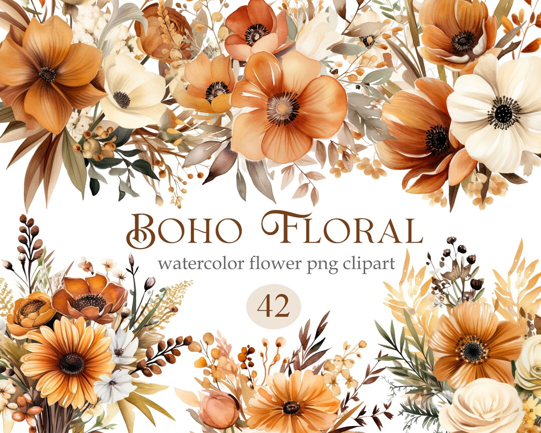 Boho Floral PNG, Watercolor Boho Flower Clipart Bundle, Bouquet, Wreath ...