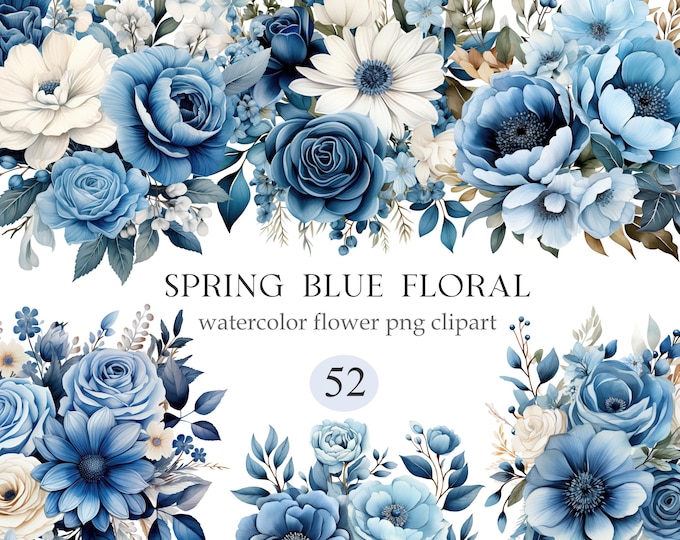 Teal Blue Flower PNG, Watercolor Blue Floral Clipart Bundle, Winter ...