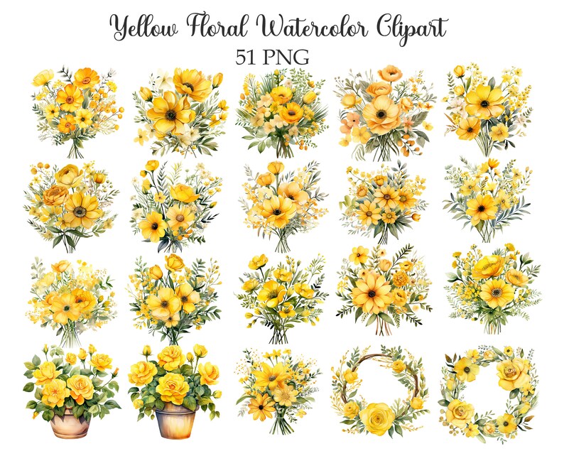 Yellow Floral Clipart, Watercolor Yellow Flower Clipart Bundle, Bouquet ...