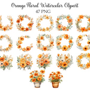 Orange Floral PNG, Watercolor Orange Flower Clipart Bundle, Bouquet ...