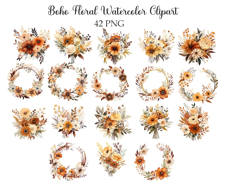 Boho Floral PNG, Watercolor Boho Flower Clipart Bundle, Bouquet, Wreath ...