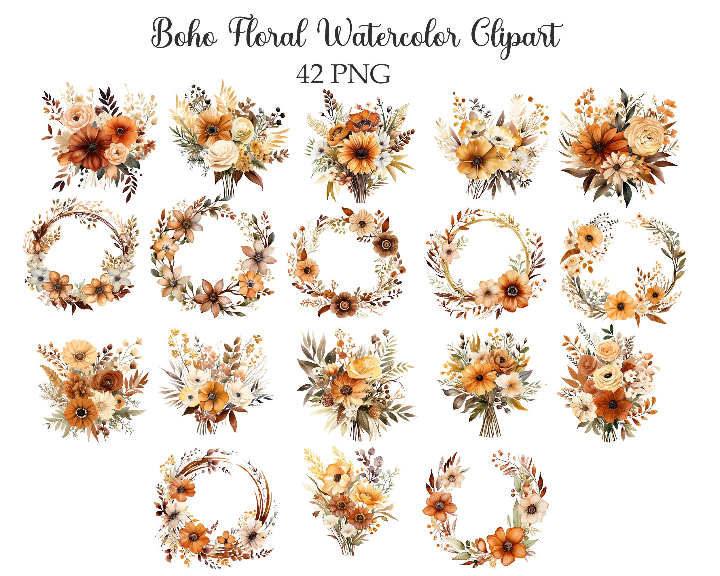 Boho Floral PNG, Watercolor Boho Flower Clipart Bundle, Bouquet, Wreath ...