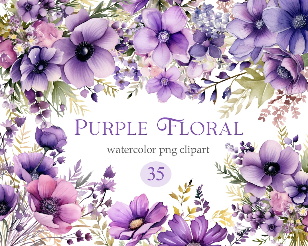 Purple Floral PNG, Watercolor Purple Flower Clipart Bundle, Bouquet ...