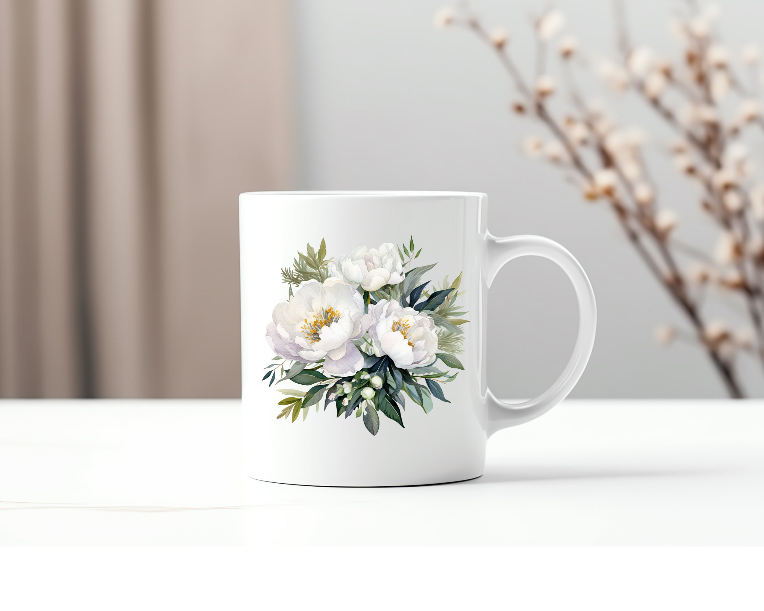 White Peony Clipart Bundle, Watercolor White Flower Clipart, Peony PNG ...