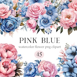 Pink and Blue Flower PNG, Watercolor Floral Clipart, Digital Download ...
