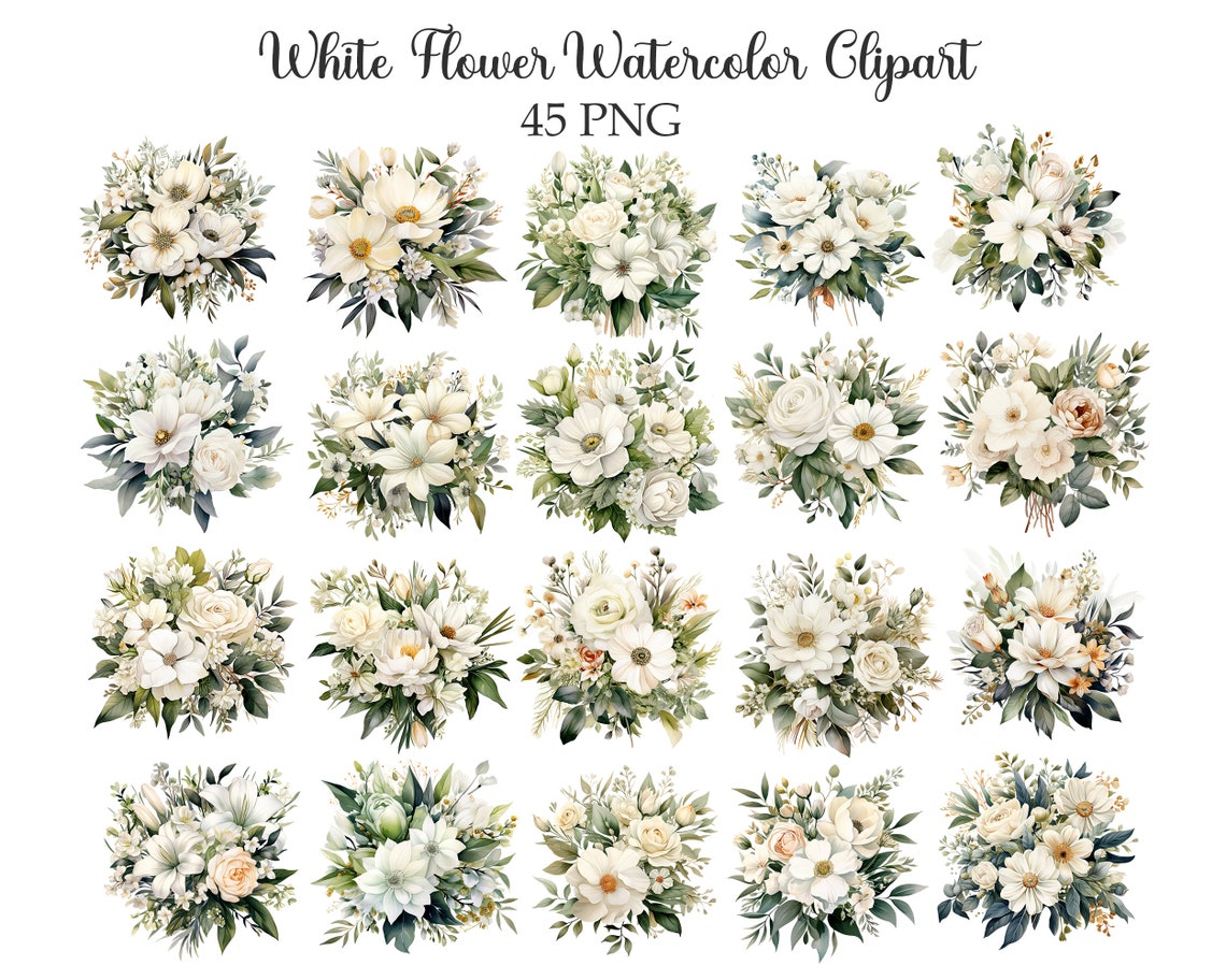 White Flower PNG, Watercolor White Floral Clipart, Flower Bouquet ...
