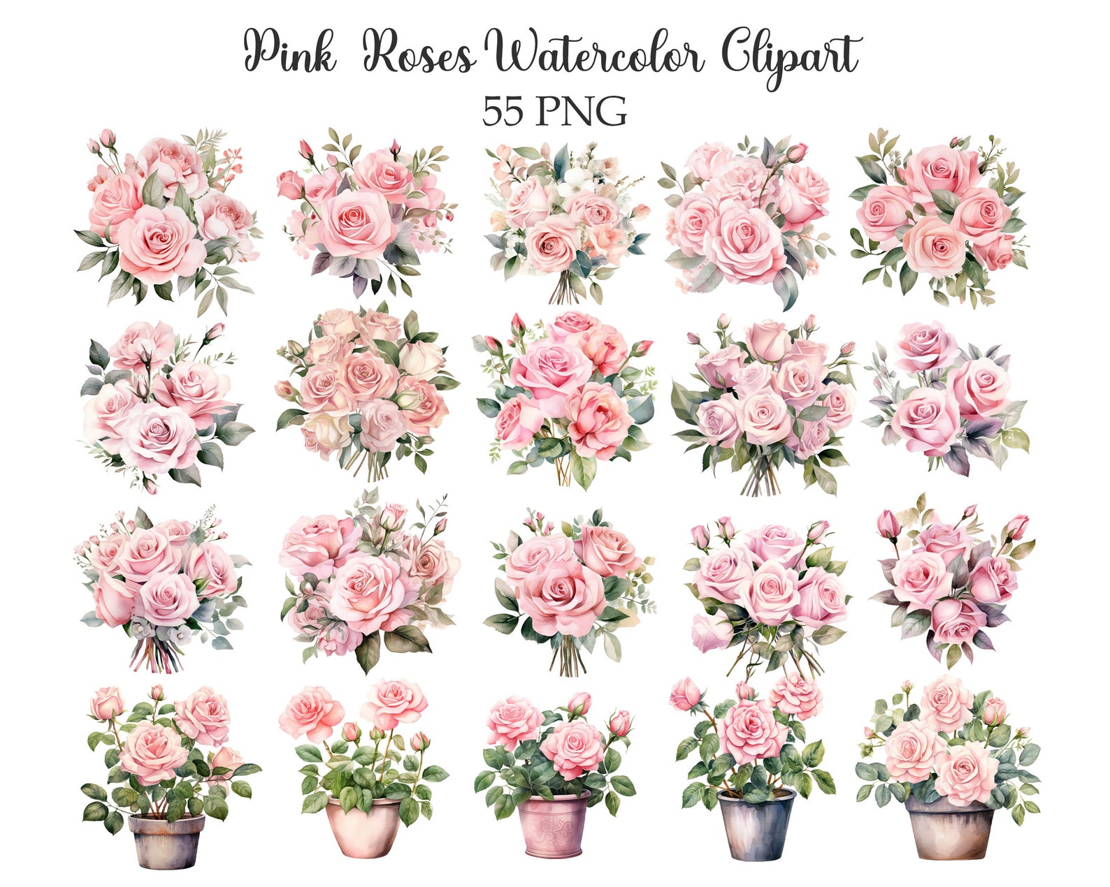 Pink Rose PNG, Watercolor Pink Rose Clipart Bundle, Wedding Bouquet ...