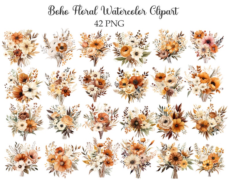 Boho Floral PNG, Watercolor Boho Flower Clipart Bundle, Bouquet, Wreath ...