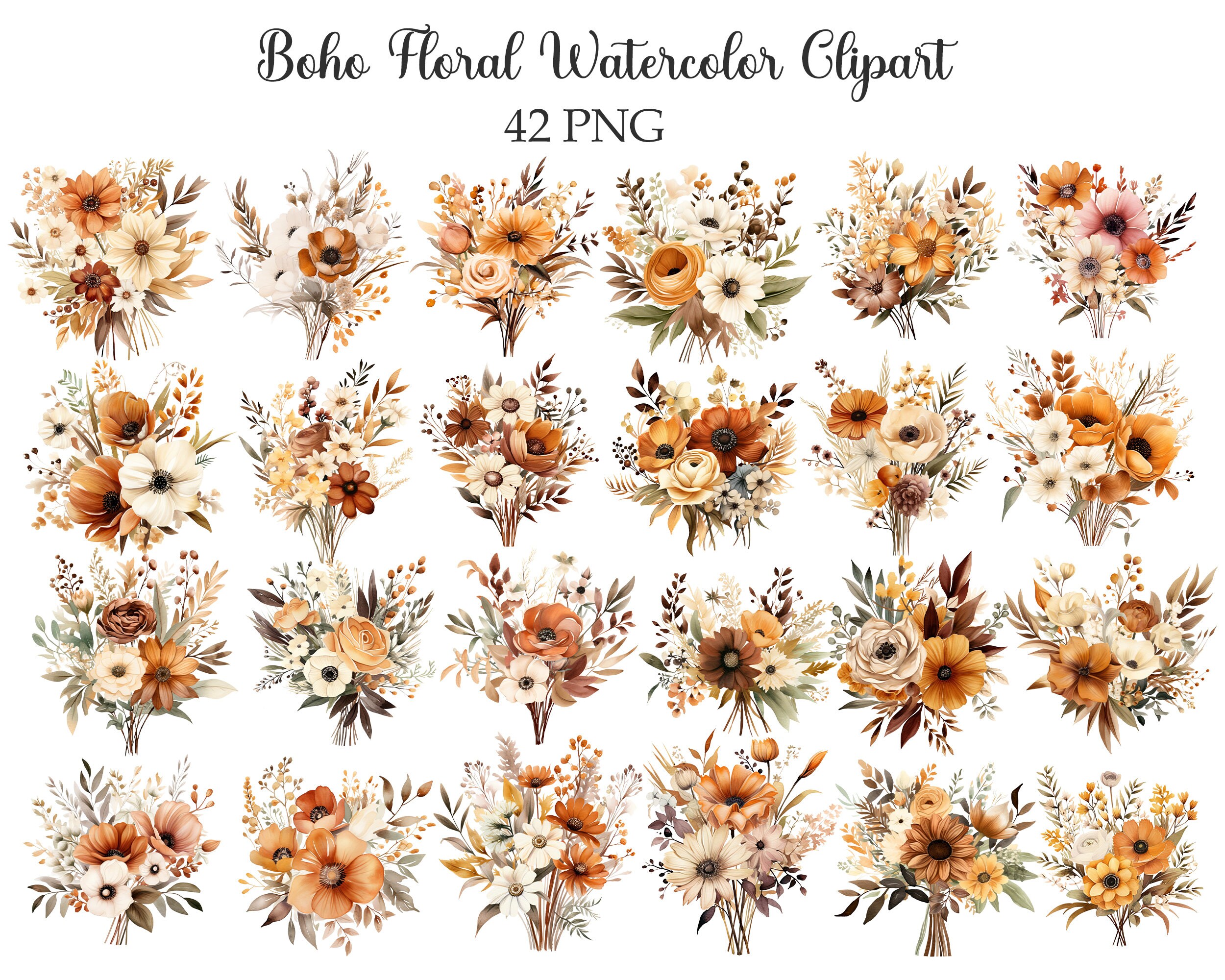Boho Floral PNG, Watercolor Boho Flower Clipart Bundle, Bouquet, Wreath ...