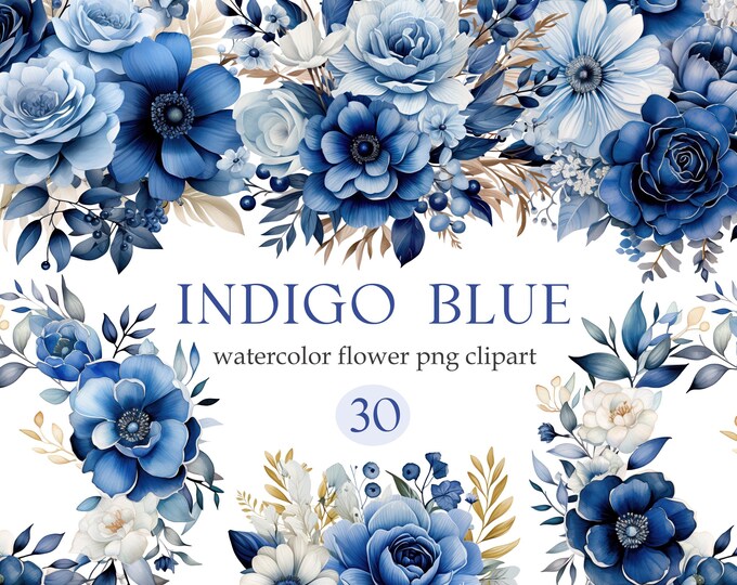 Indigo Blue White Flower PNG, Watercolor Blue Floral Clipart Bundle ...
