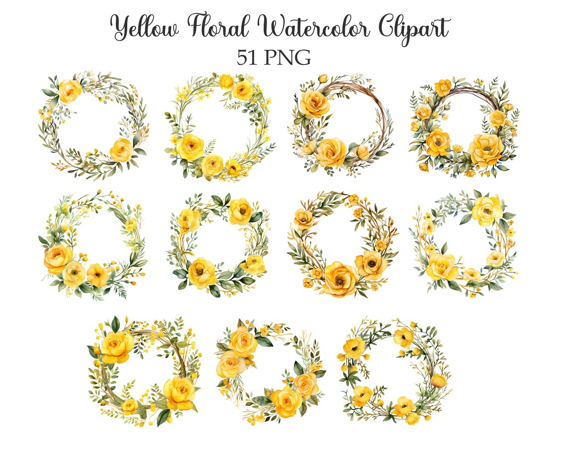 Yellow Floral Clipart, Watercolor Yellow Flower Clipart Bundle, Bouquet ...