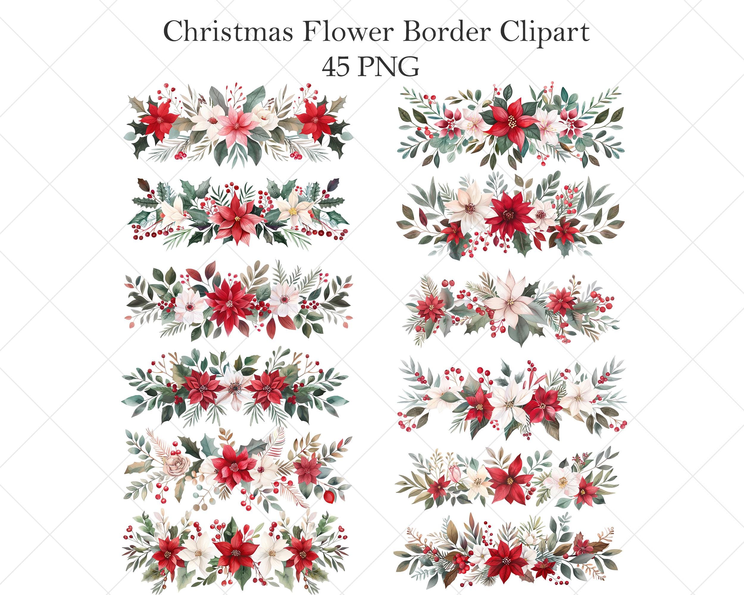 Christmas Flower Border PNG, Watercolor Poinsettia Clipart, Digital ...