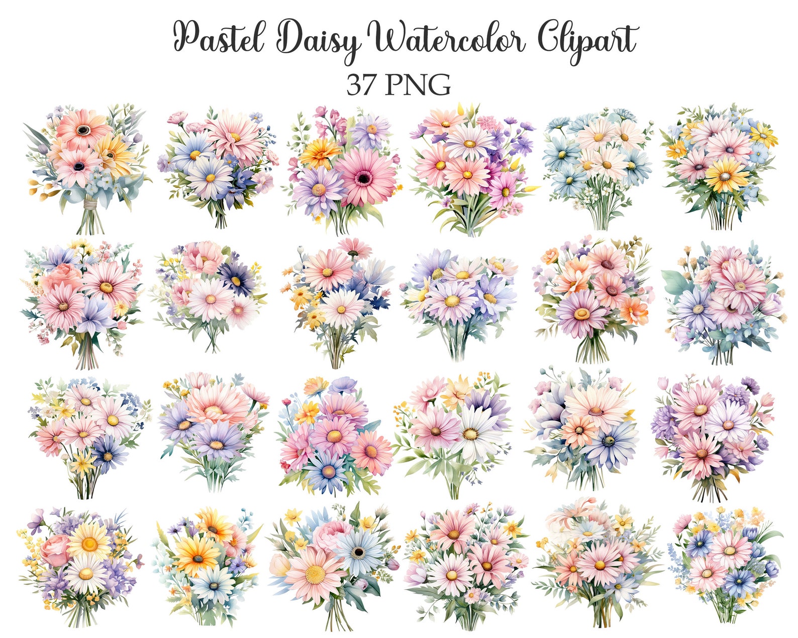 Pastel Daisy Watercolor Clipart, Daisy PNG Bundle, Daisy Bouquet Wreath ...