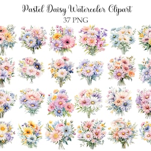 Pastel Daisy Watercolor Clipart, Daisy PNG Bundle, Daisy Bouquet Wreath ...