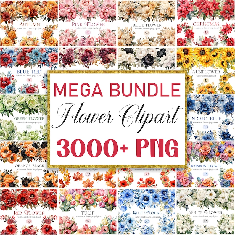 Flower Clipart Bundle, Watercolor Floral PNG, Digital Download, Spring ...
