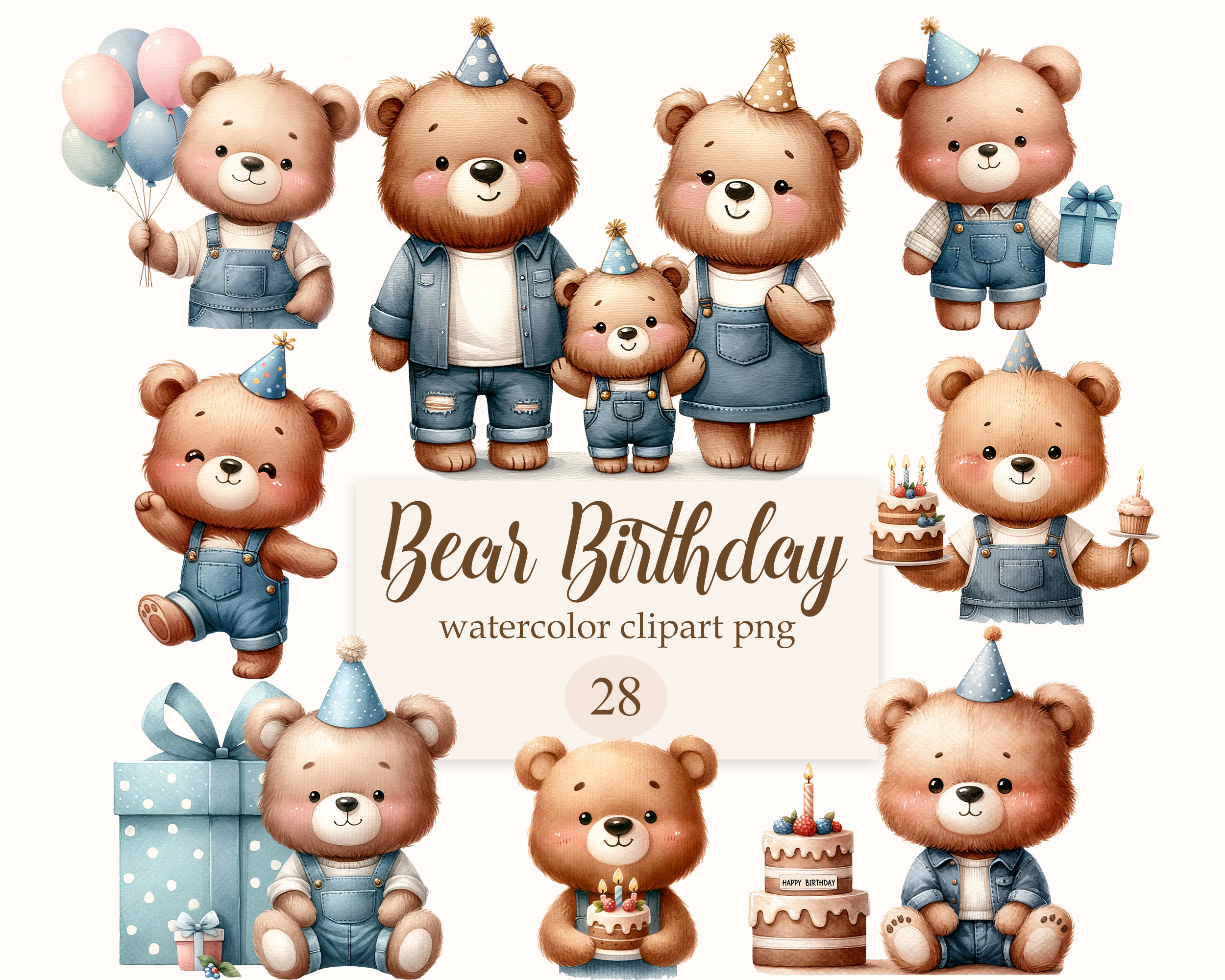 Bear Clipart, Watercolor Bear Birthday PNG, Happy Birthday Clipart ...