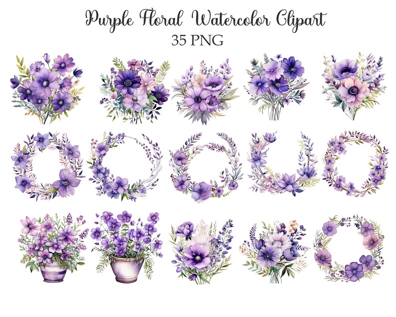 Purple Floral PNG, Watercolor Purple Flower Clipart Bundle, Bouquet ...