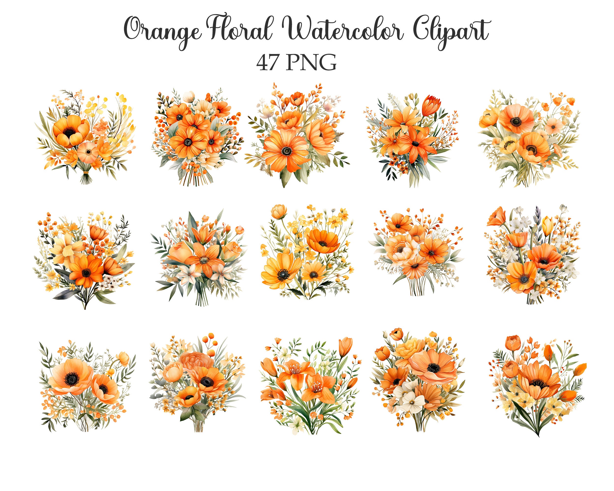 Orange Floral PNG, Watercolor Orange Flower Clipart Bundle, Bouquet ...