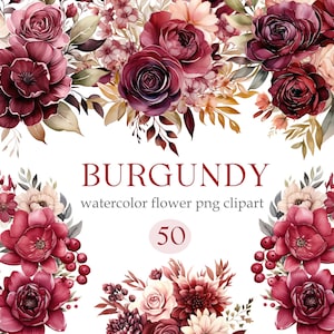 Burgundy Flower PNG, Watercolor Floral Bouquet Clipart, Wreath - Etsy