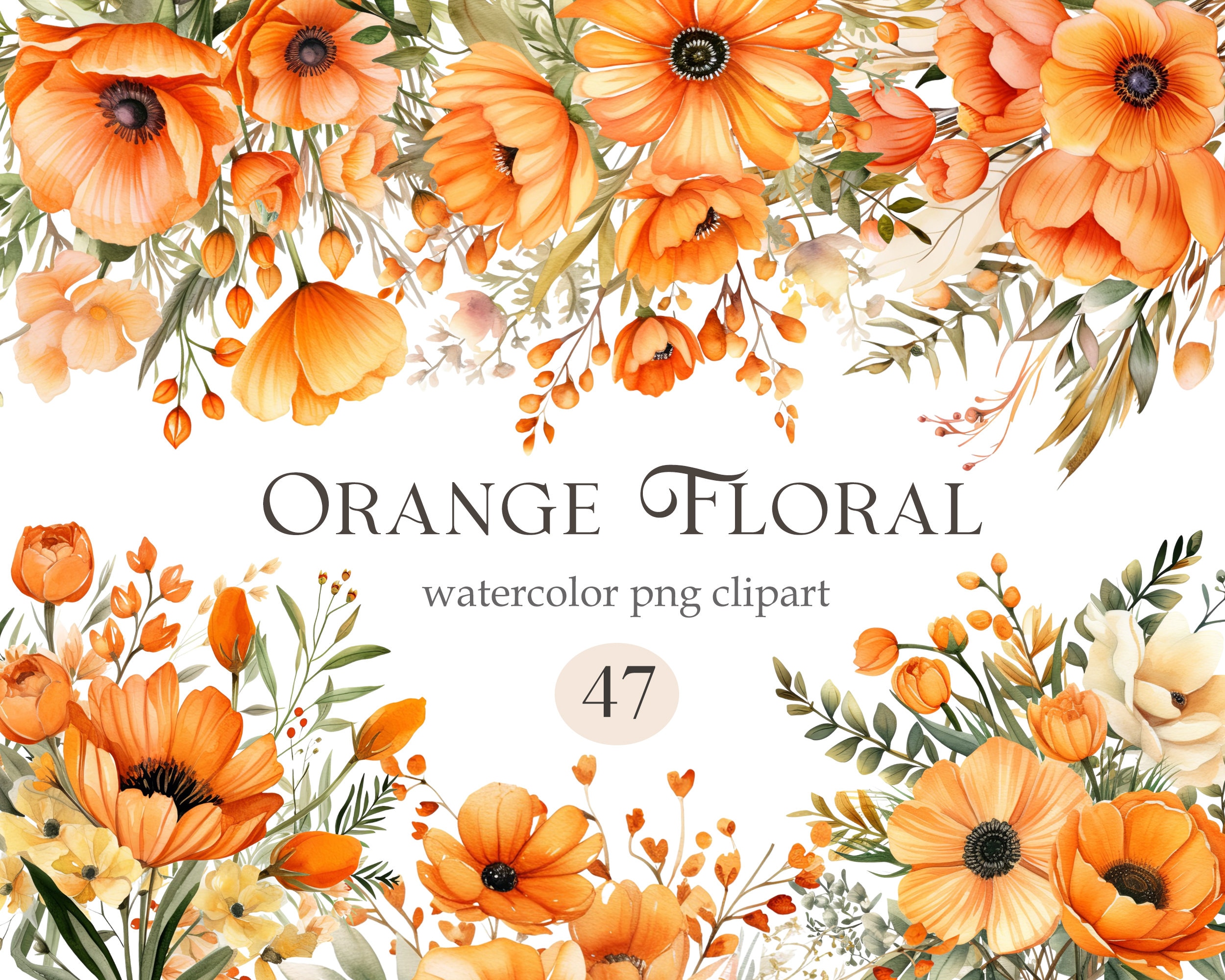 Orange Floral PNG, Watercolor Orange Flower Clipart Bundle, Bouquet ...