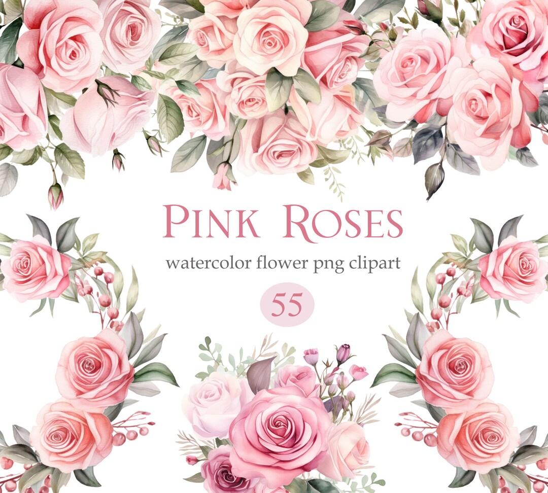 Pink Rose PNG, Watercolor Pink Rose Clipart Bundle, Wedding Bouquet ...