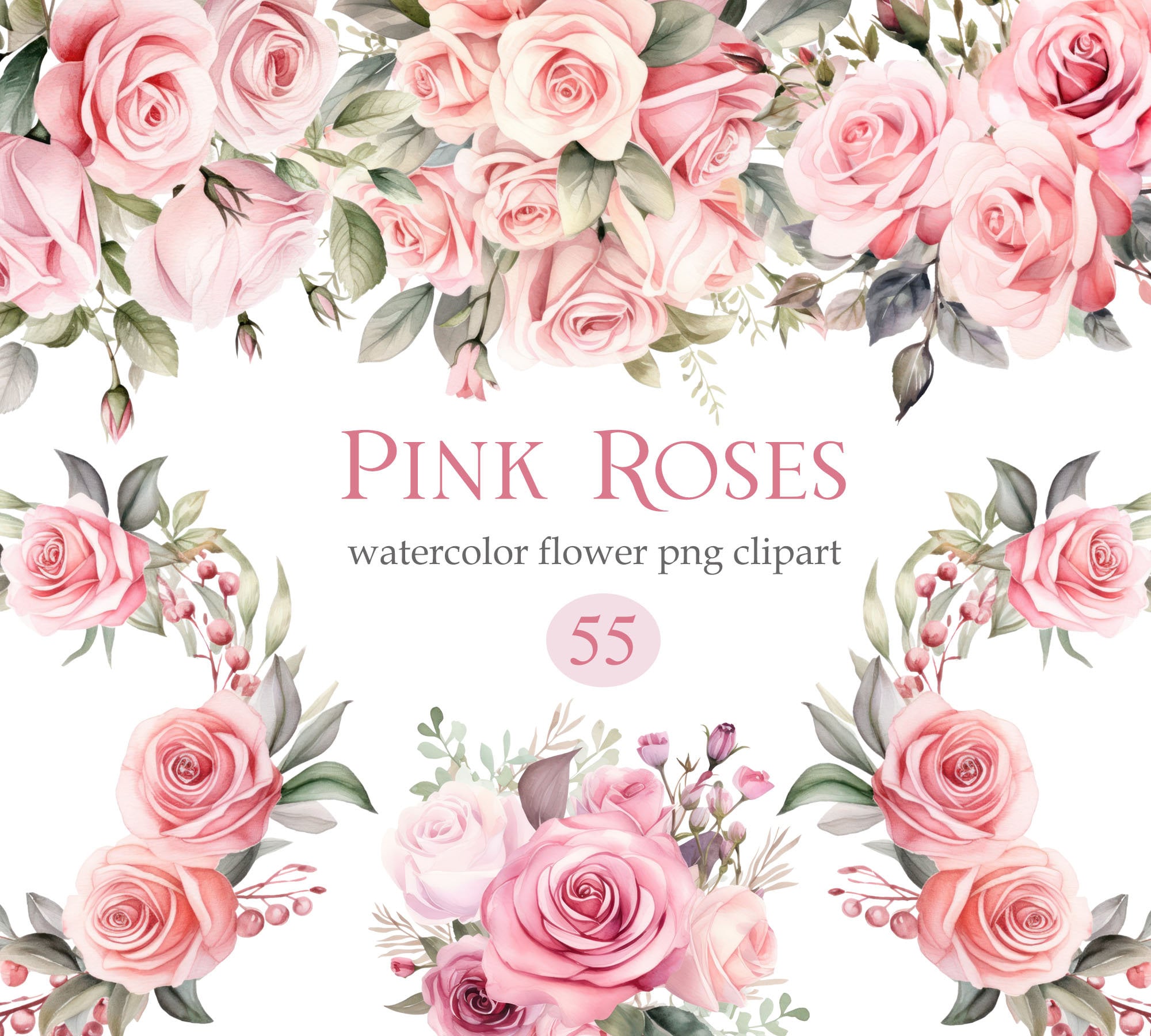 Pink Rose PNG, Watercolor Pink Rose Clipart Bundle, Wedding Bouquet ...