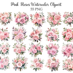 Pink Rose PNG, Watercolor Pink Rose Clipart Bundle, Wedding Bouquet ...