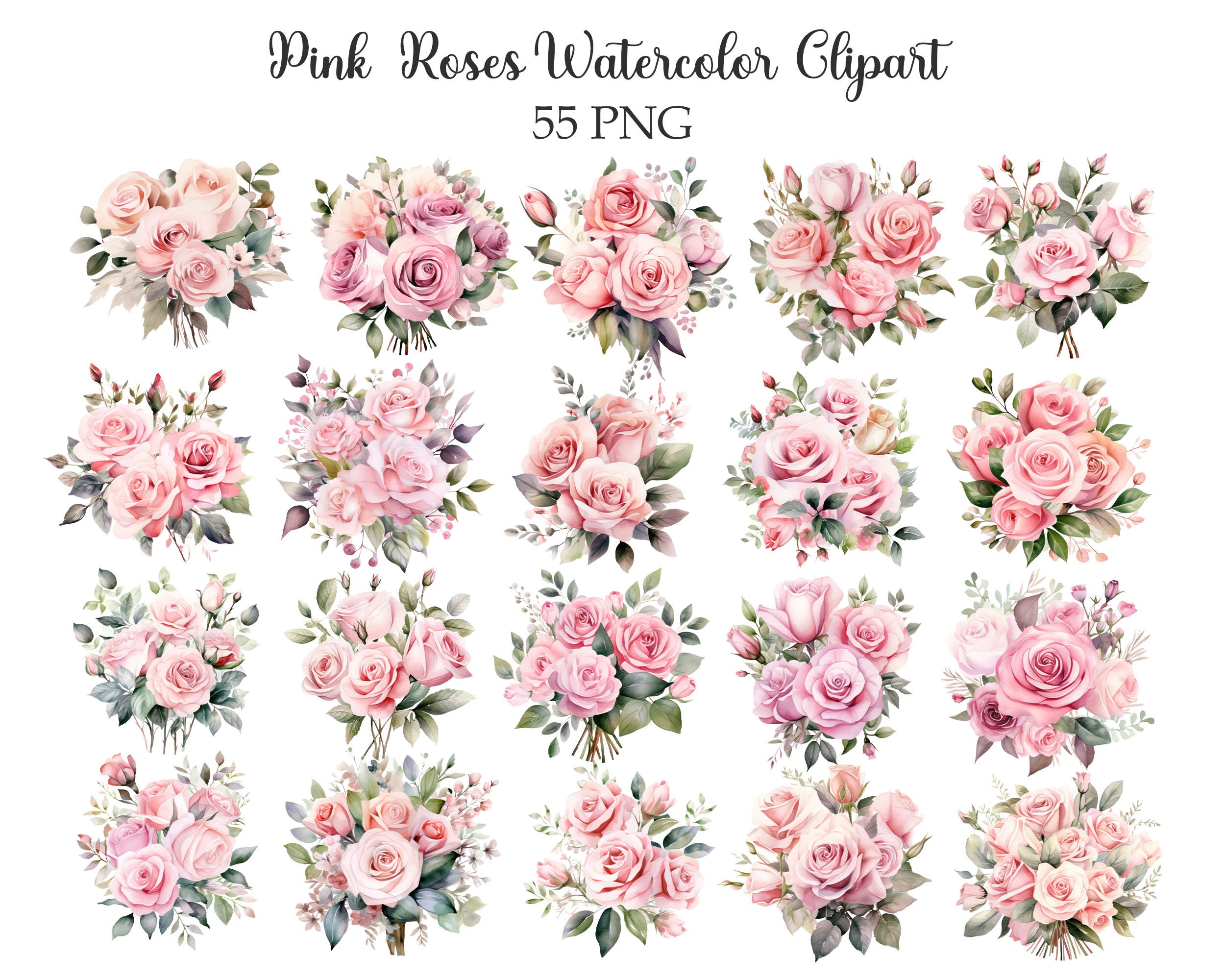 Pink Rose PNG, Watercolor Pink Rose Clipart Bundle, Wedding Bouquet ...