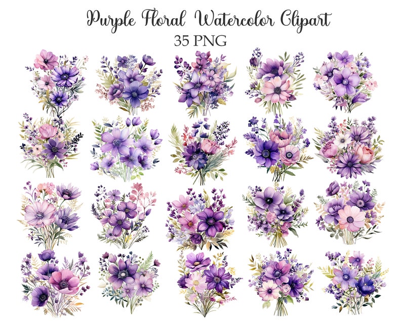 Purple Floral PNG, Watercolor Purple Flower Clipart Bundle, Bouquet ...