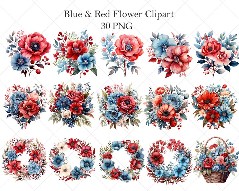 Blue Red Flower Clipart, Watercolor Red and Blue Flower PNG, Floral ...
