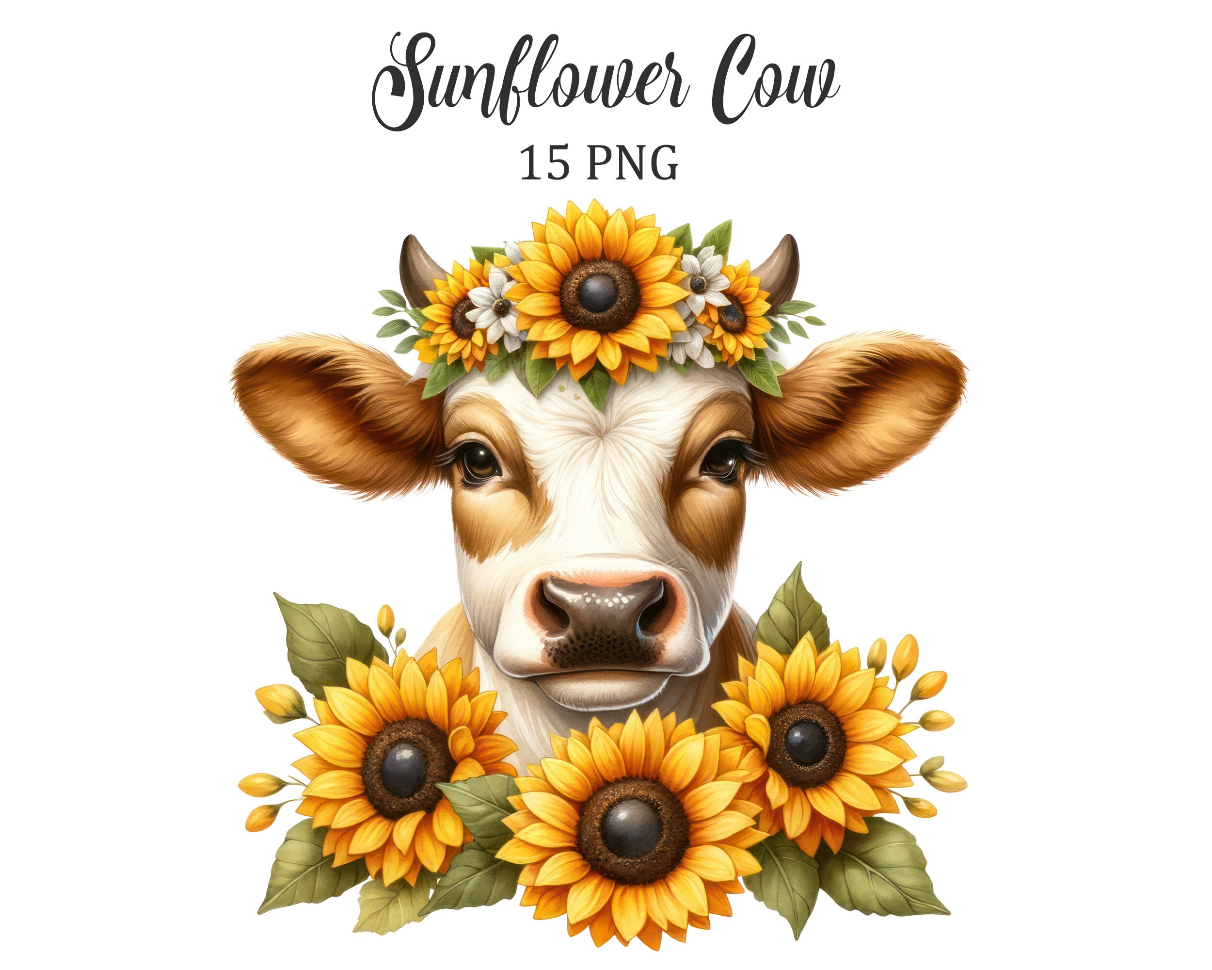 Sunflower Cow PNG, Watercolor Cow Clipart Bundle, Cow Sublimation ...