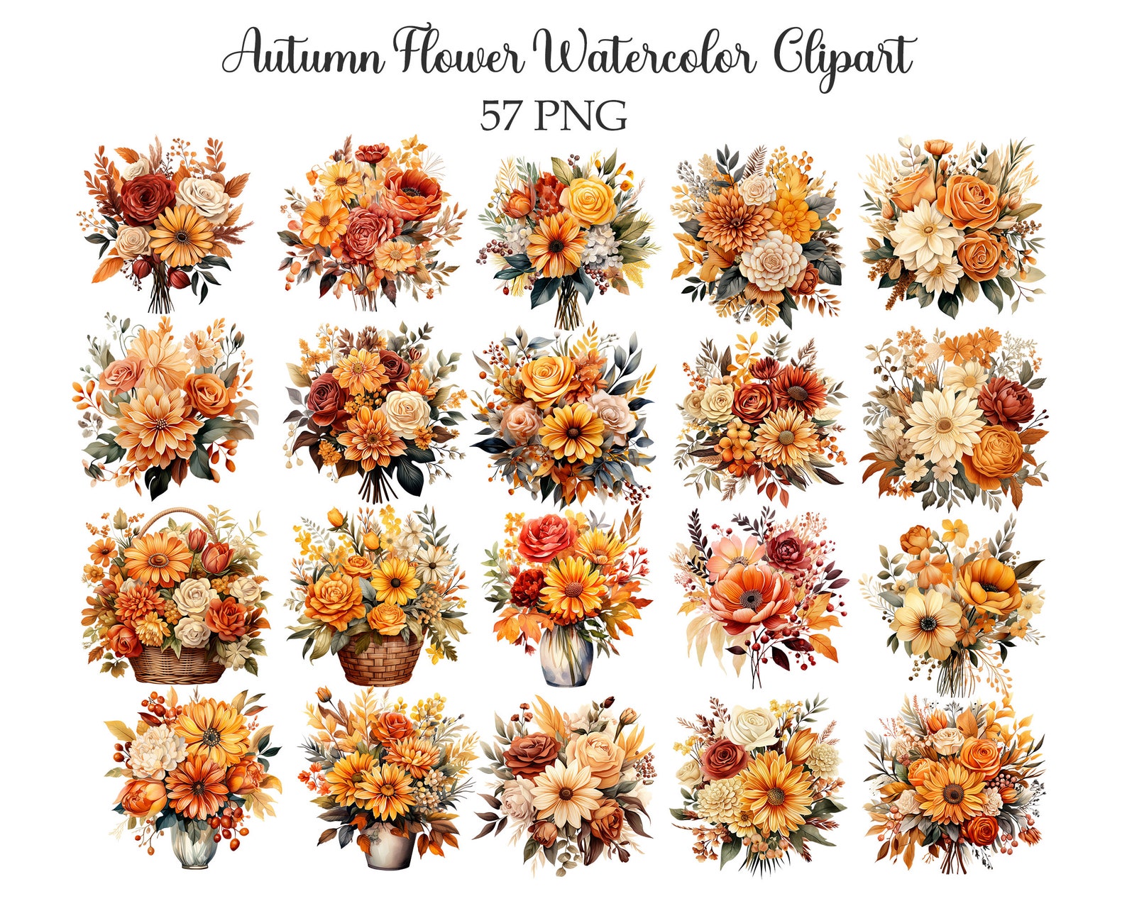 Autumn Flower PNG, Watercolor Fall Flower Clipart Bundle, Floral ...