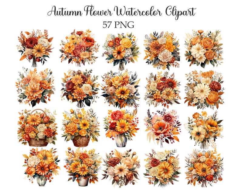 Autumn Flower PNG, Watercolor Fall Flower Clipart Bundle, Floral ...
