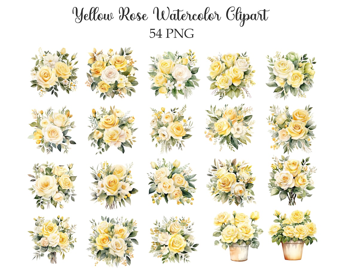 Yellow Rose PNG Clipart, Watercolor Yellow Rose Clipart Bundle, Yellow ...