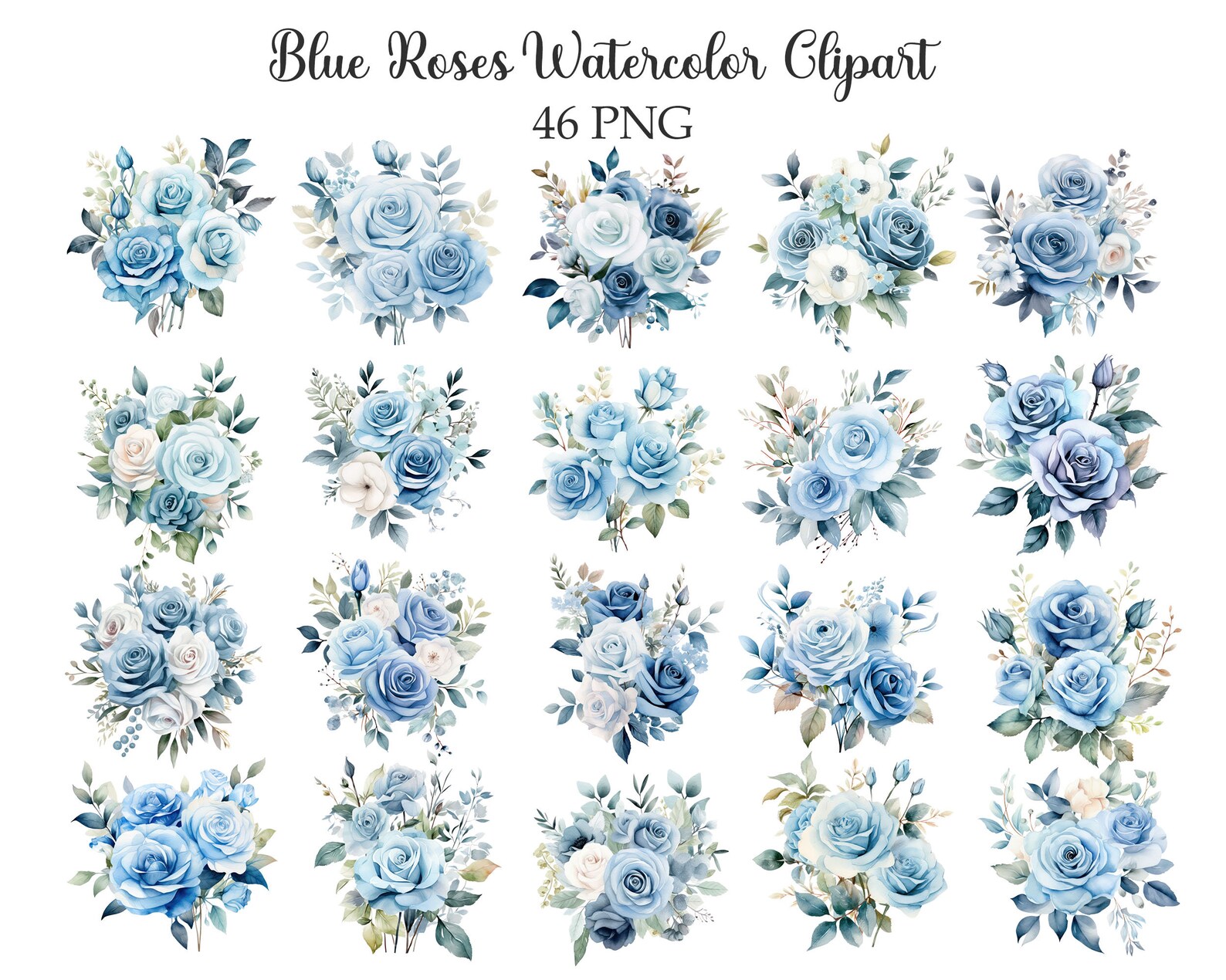 Blue Rose PNG Clipart, Watercolor Blue Rose Clipart Bundle, Roses ...