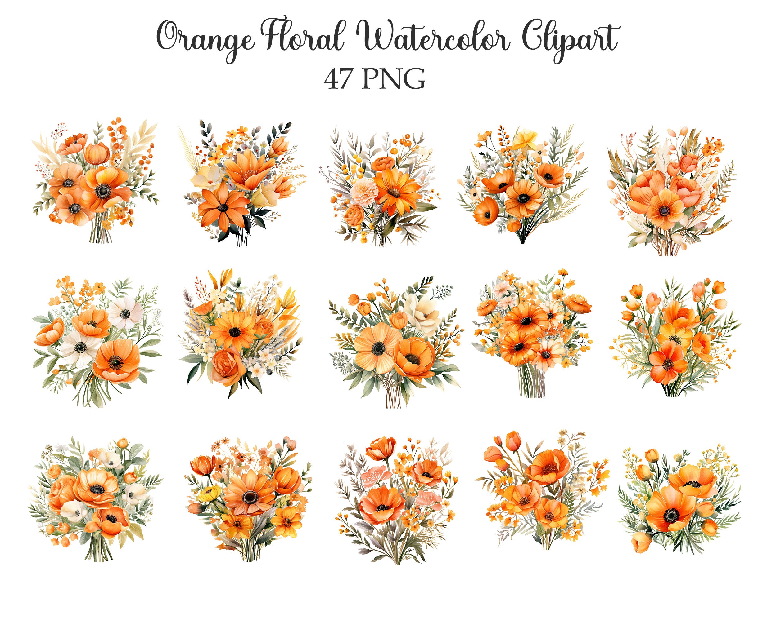 Orange Floral PNG, Watercolor Orange Flower Clipart Bundle, Bouquet ...