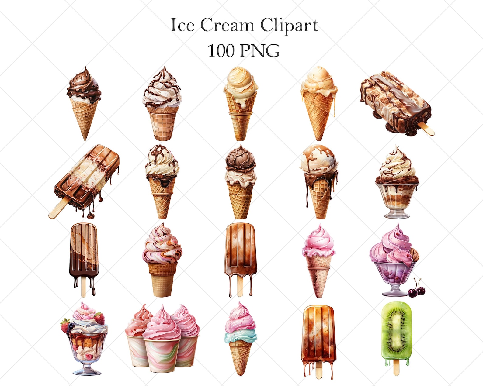 Ice Cream Clipart Bundle, Watercolor Dessert PNG, Digital Download - Etsy