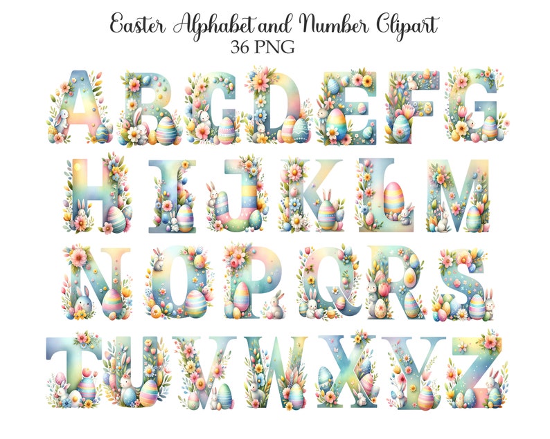 Easter Alphabet Clipart, Watercolor Easter PNG, Cute Easter Letters ...