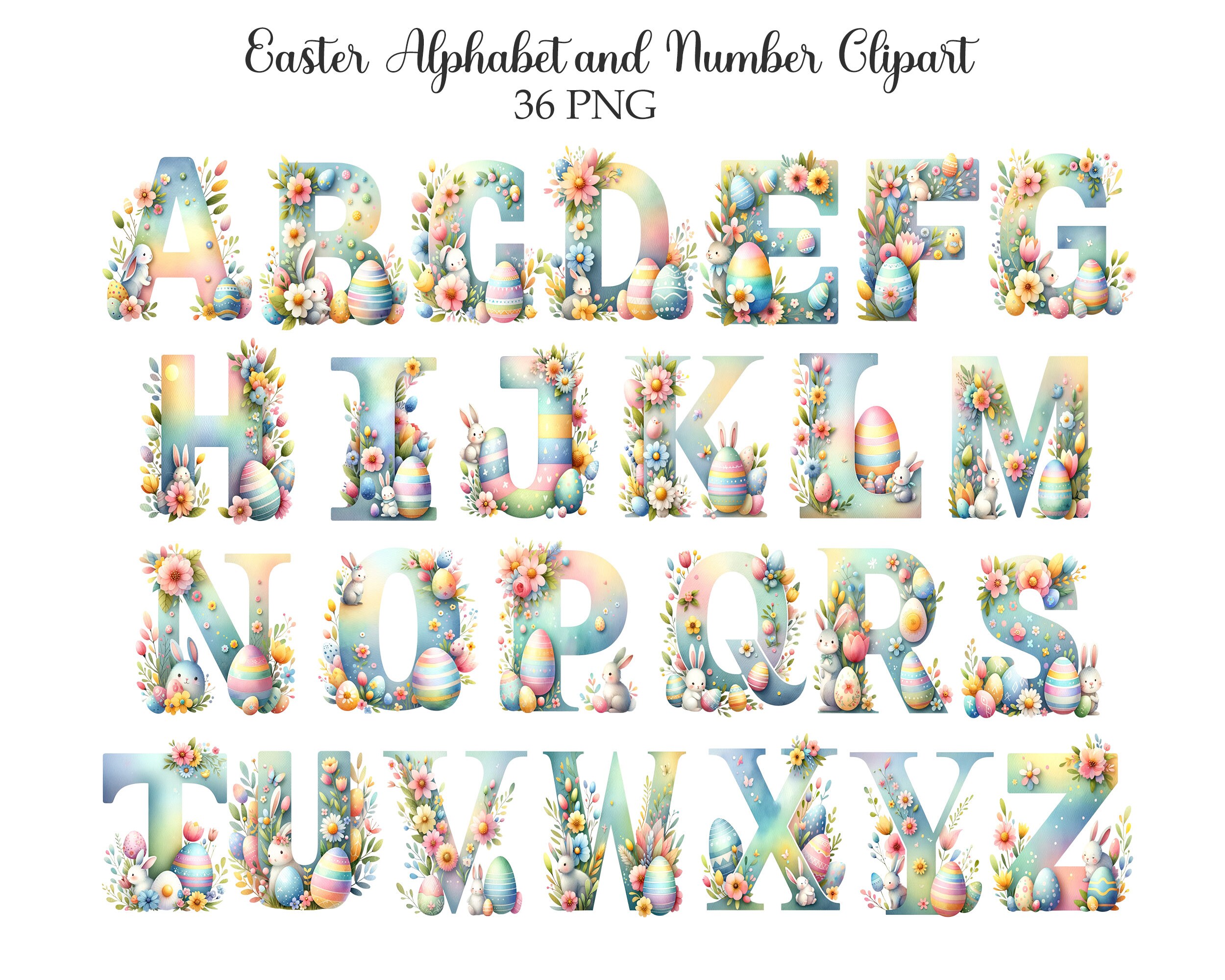 Easter Alphabet Clipart, Watercolor Easter PNG, Cute Easter Letters ...