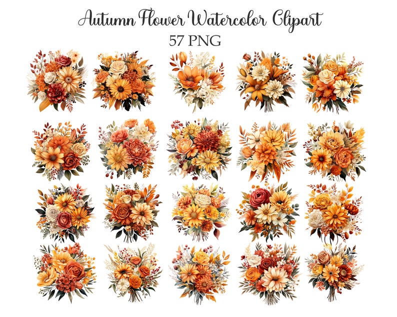 Autumn Flower PNG, Watercolor Fall Flower Clipart Bundle, Floral ...